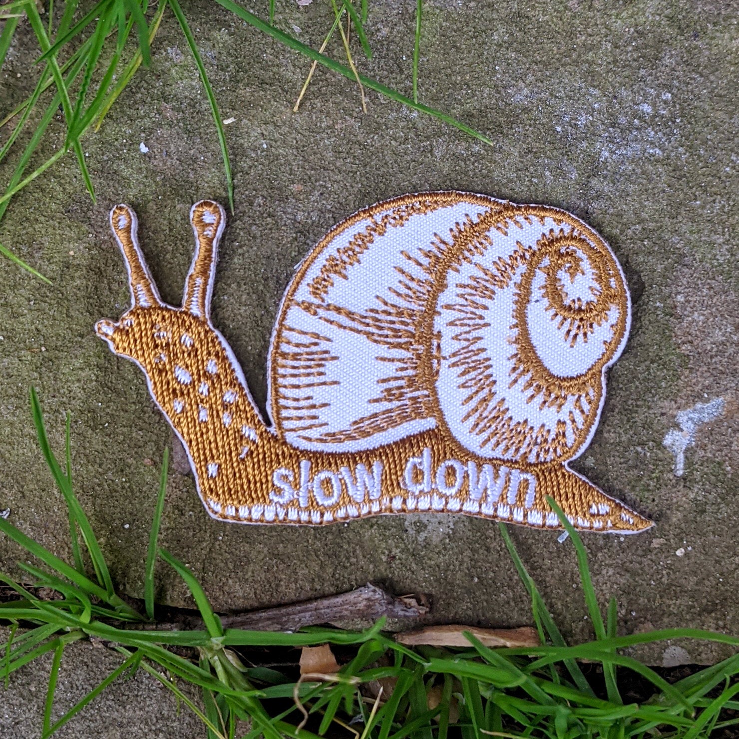 iron-on patch | slow down snail - brown 1.6" x 2.6" – ilikesara